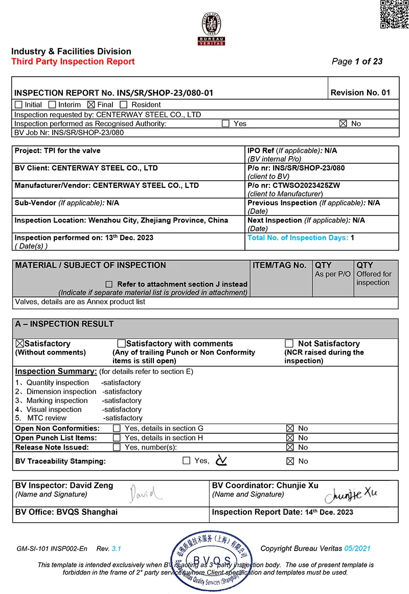Third-Party Inspection Report,Angle Stop valve,Triple Eccentric ...